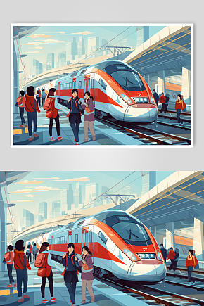 AI数字艺术新年春节春运高铁站人物插画模板下载-编号5624574-众图网