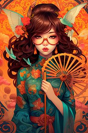 AI数字艺术手绘国潮京剧戏曲女生人物插画素材下载-众图网