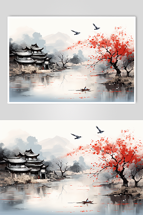 AI数字艺术水墨风徽派建筑江南水乡插画素材下载-众图网