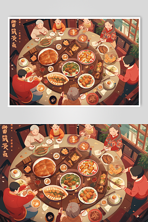 AI数字艺术卡通新年年夜饭阖家团圆插画素材下载-众图网