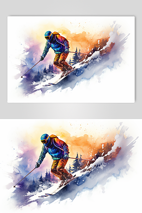 AI数字艺术水彩剪影风冬季运动会滑雪元素素材下载-众图网
