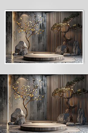 AI数字艺术中式禅意电商展台背景图素材下载-众图网