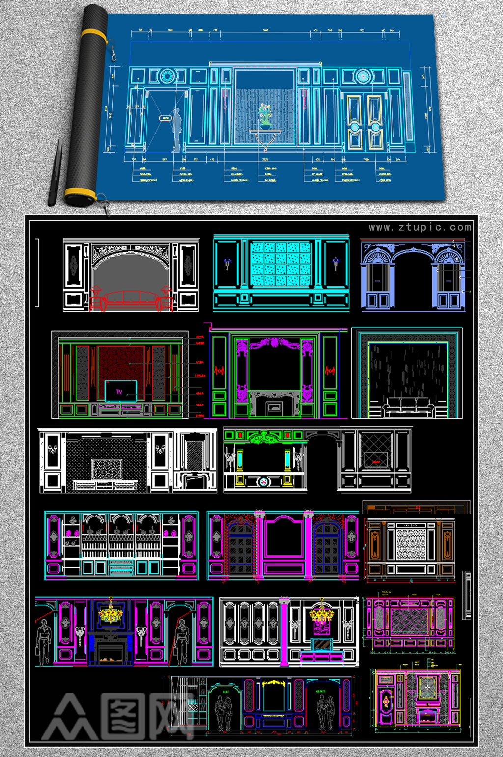 电视背景墙CAD素材_电视背景墙CAD模板_电视背景墙CAD设计图片免费下载-众图网
