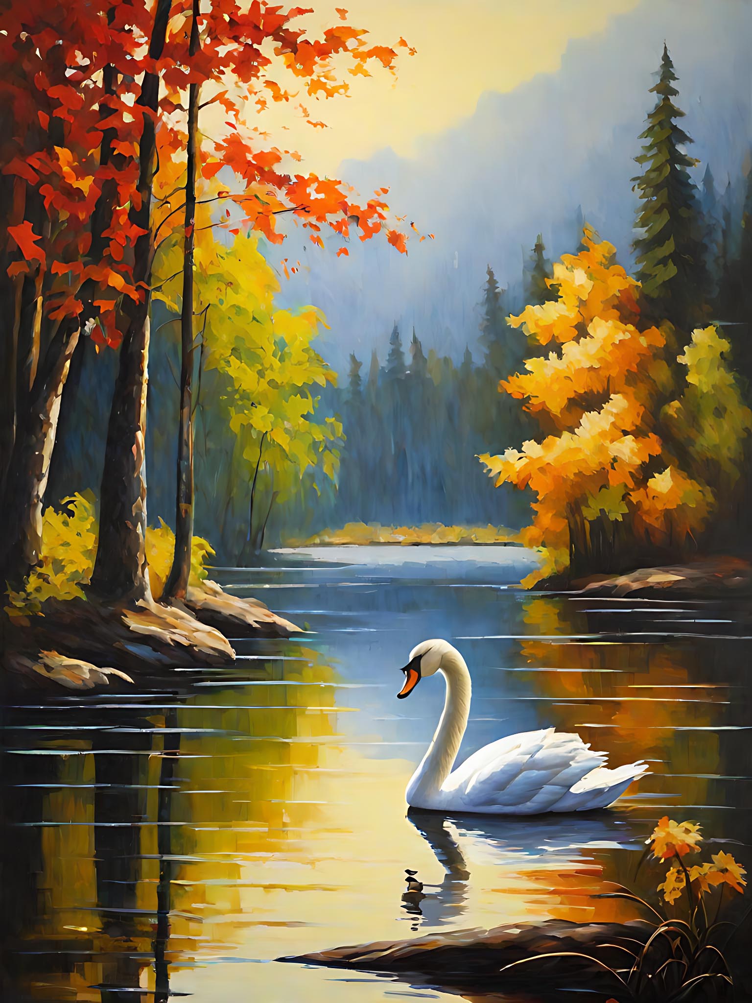 森林天鹅唯美油画AI数字艺术模板下载-编号6288318-众图网