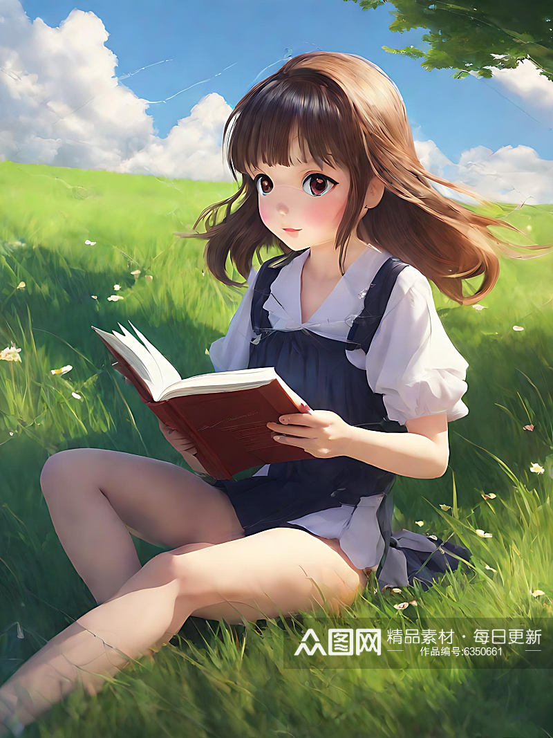 动漫风坐在草地上看书的女孩ai数字艺术素材下载 众图网