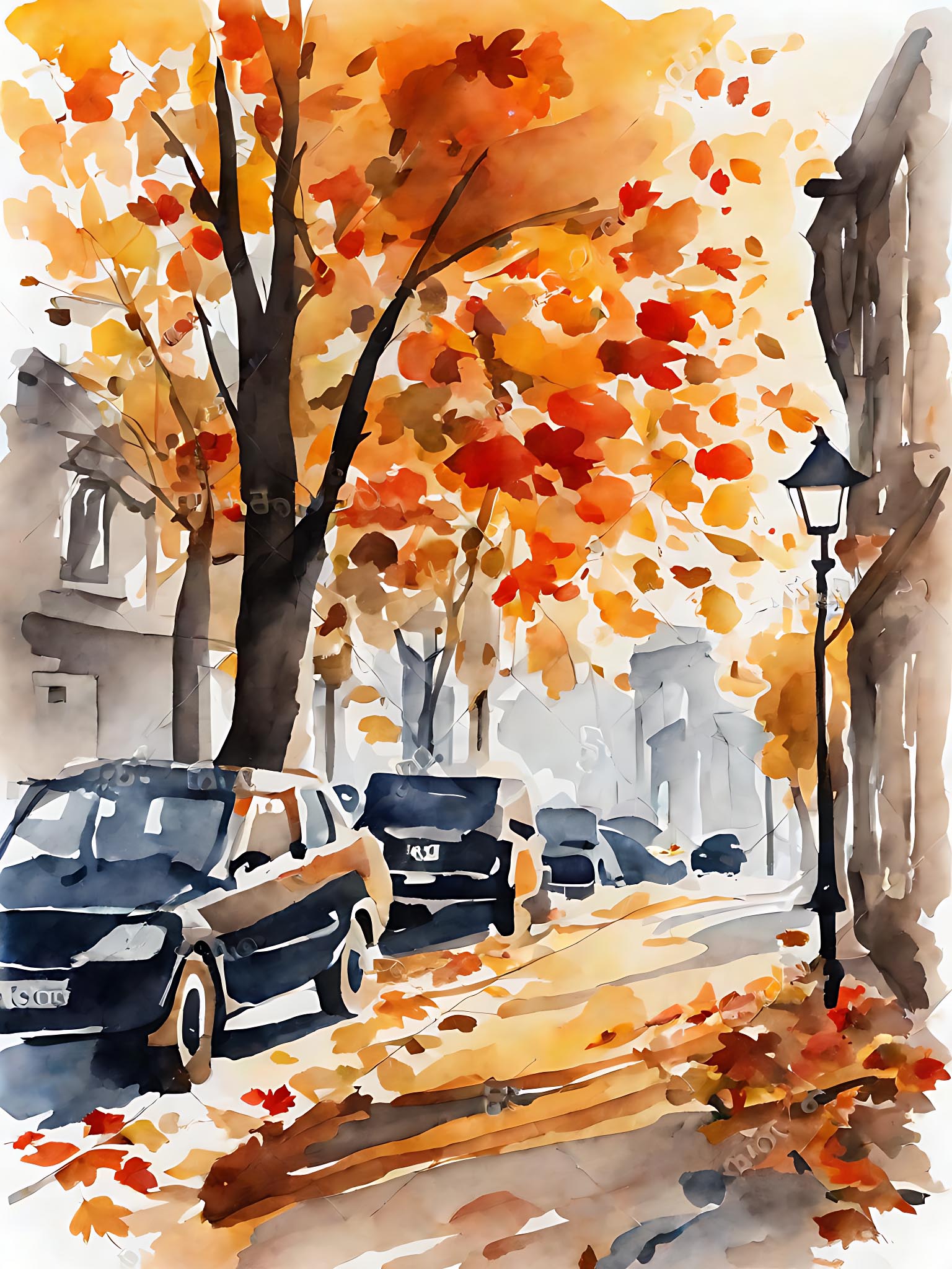 水彩秋天街道的落叶AI数字艺术素材下载-众图网