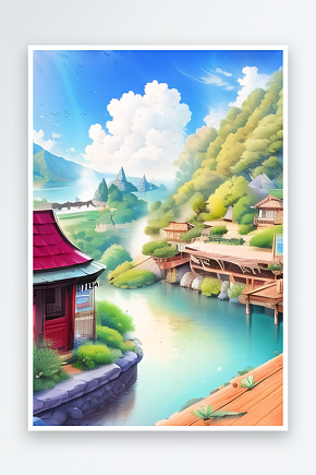 卡通小桥流水植物建筑系列图素材下载-众图网