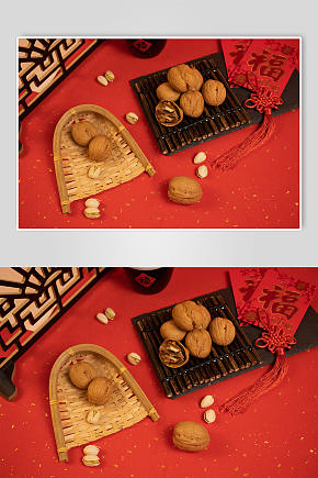 喜庆红色纸皮核桃坚果干果高清摄影图片素材下载-众图网