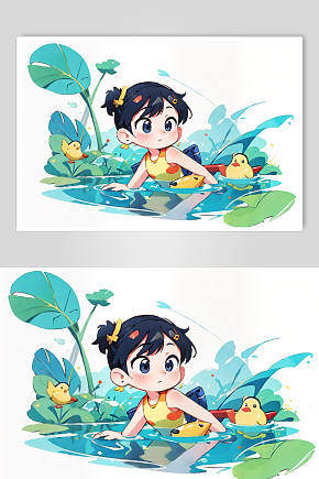 数字艺术卡通孩子戏水插画模板下载-编号5319448-众图网