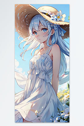 数字艺术蓝发草帽少女创意图片模板下载-编号5434658-众图网