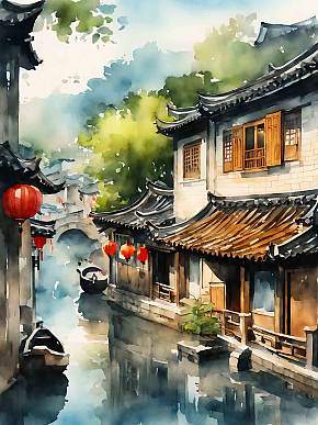 水彩画古镇AI数字艺术模板下载-编号5908730-众图网