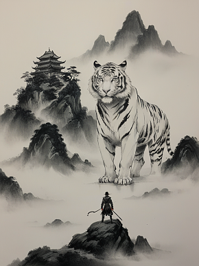 数字艺术国画写意老虎伏虎图下山虎模板下载-编号6005021-众图网