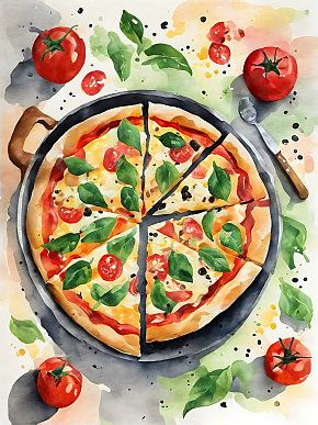 AI数字艺术美食披萨水彩插画插图素材下载-众图网