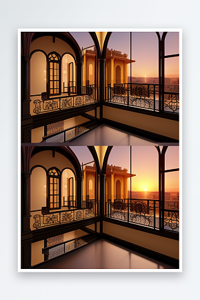 奢华六层宫殿宽阔窗户与阳台夕阳美景素材下载-众图网