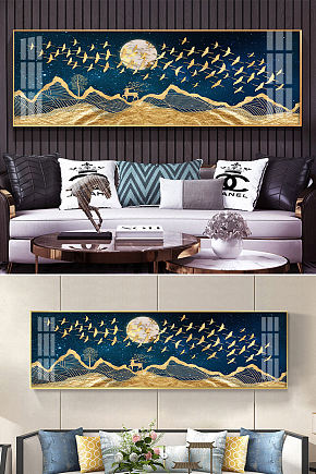 金色麋鹿意境山水装饰画素材下载-众图网