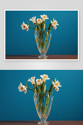 蓝色背景下粉红郁金香花瓶桌子特写图素材下载-众图网