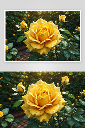 一个阳光明媚日子里花园里盛开着黄玫瑰图素材下载-众图网