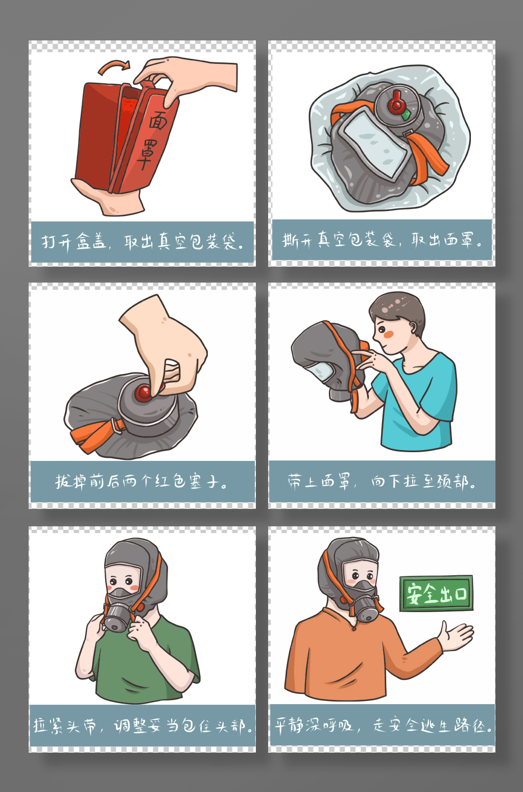 消防防毒防烟面罩使用方法漫画插画素材下载-众图网