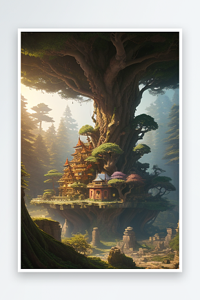 缤纷的宫殿古老巨树内的绚丽画面素材下载-众图网
