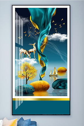 麋鹿山水石来运转装饰画玄关模板下载-编号3090973-众图网