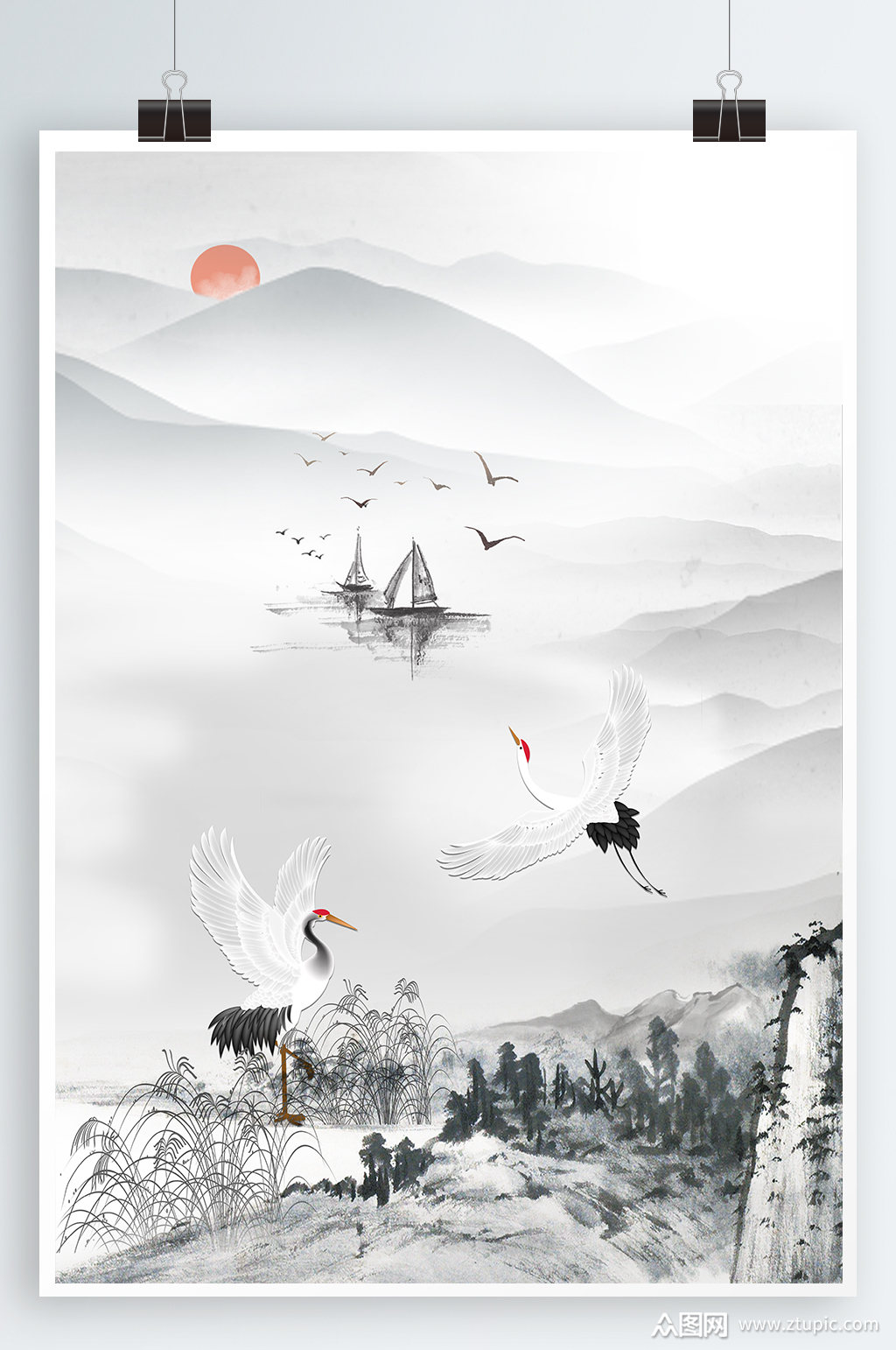 白鹤图片山水画 山水画图片大全 大山谷图库