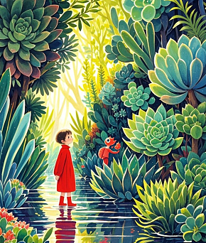 一个红衣小精灵在茂密的多肉森林里奇幻水彩素材下载-众图网