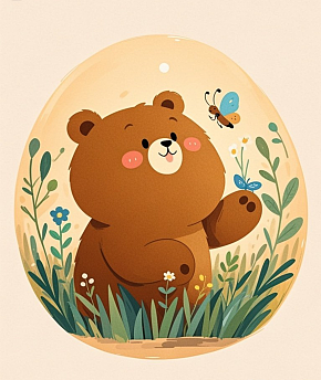 一只小熊在玩耍旁边有小花小草蝴蝶简笔画线素材下载-众图网