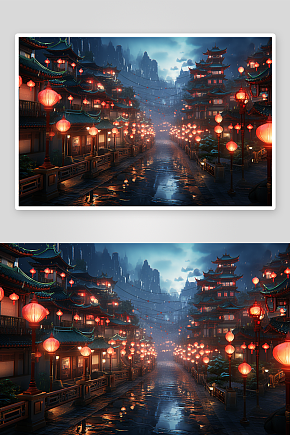 夜晚下古代街道场景素材下载-众图网