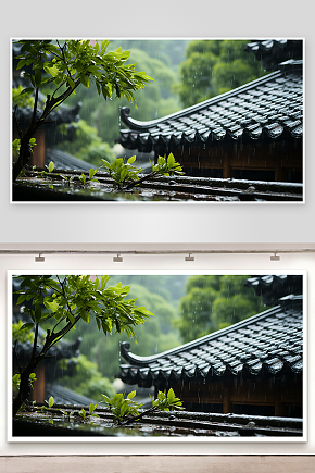 唯美下雨天的屋檐景色素材下载-众图网