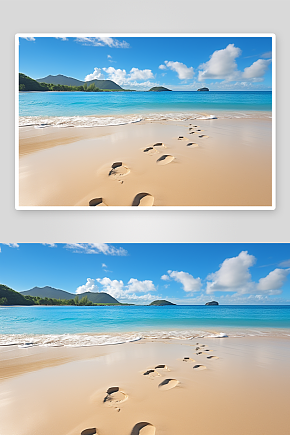 漂亮海边沙滩上的脚印景色素材下载-众图网