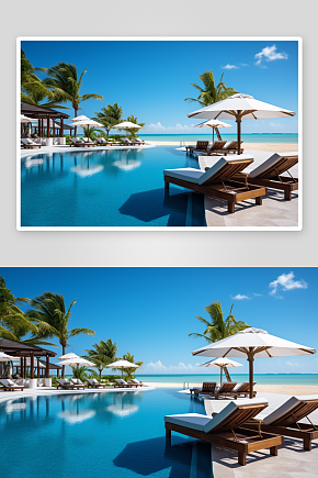 泳池边的遮阳伞和躺椅素材下载-众图网
