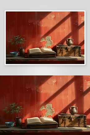 木桌上古书籍场景素材下载-众图网