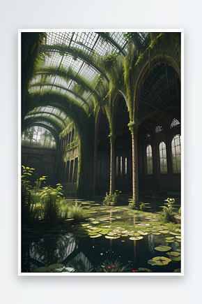 神秘的废弃宫殿绿植丛生的温室内部素材下载-众图网