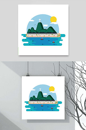 风景帆船海边湖水山顶建筑剪影太阳素材下载-众图网