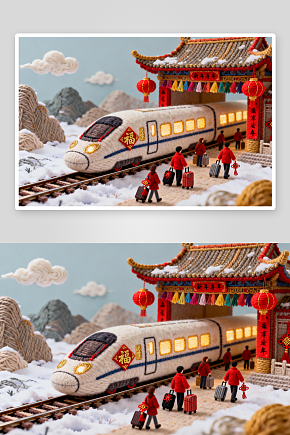 毛绒平安春运回家过年高铁场景插画素材下载-众图网