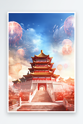 红色新年喜庆古风建筑烟花龙年背景素材模板下载-编号6126300-众图网