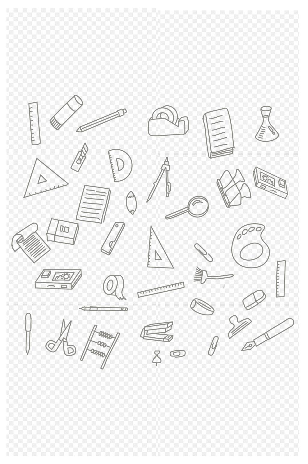 创意手绘风格文具简笔画黑白线稿免扣元素素材下载-众图网