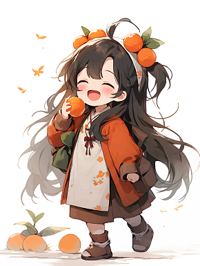 简约卡通摘桔子可爱女孩人物素材图素材下载-众图网