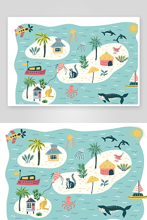 手绘卡通地图插画设计素材下载-众图网