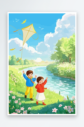 放风筝的小孩矢量插画图形元素素材下载-众图网